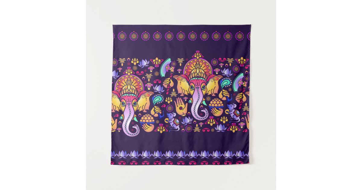 Hindu God Ganesha and Indian symbols in strip shap Tapestry | Zazzle