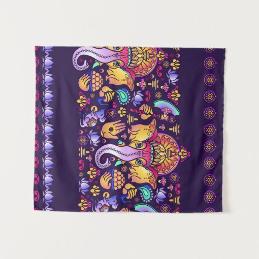Hindu God Ganesha and Indian symbols in strip shap Tapestry | Zazzle