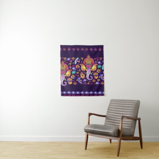 Hindu God Ganesha and Indian symbols in strip shap Tapestry | Zazzle