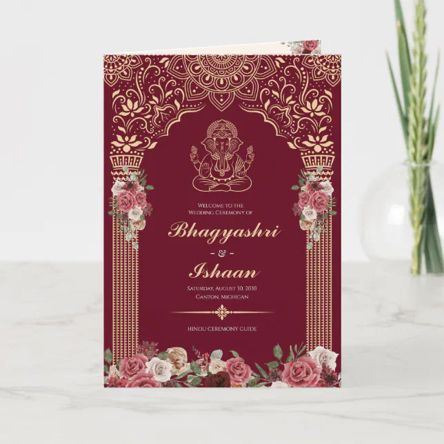 Hindu Wedding Ceremony Guide (Red, Pink Gold) Program | Zazzle