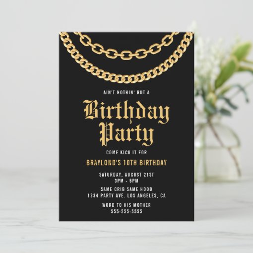 Hip Hop Gold Cuban Link Chain Birthday Invitation | Zazzle