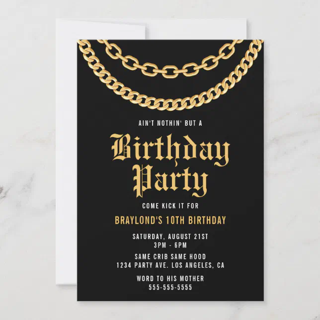 Hip Hop Gold Cuban Link Chain Birthday Invitation | Zazzle