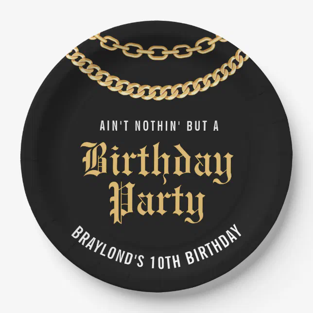 Hip Hop Gold Cuban Link Chain Birthday Paper Plates | Zazzle