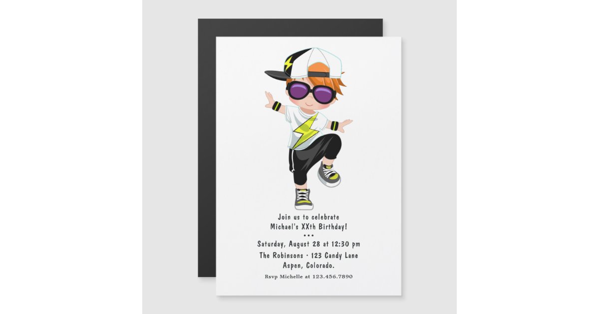Hip Hop Rap Boy Break Dancer Birthday Party Magnetic Invitation | Zazzle