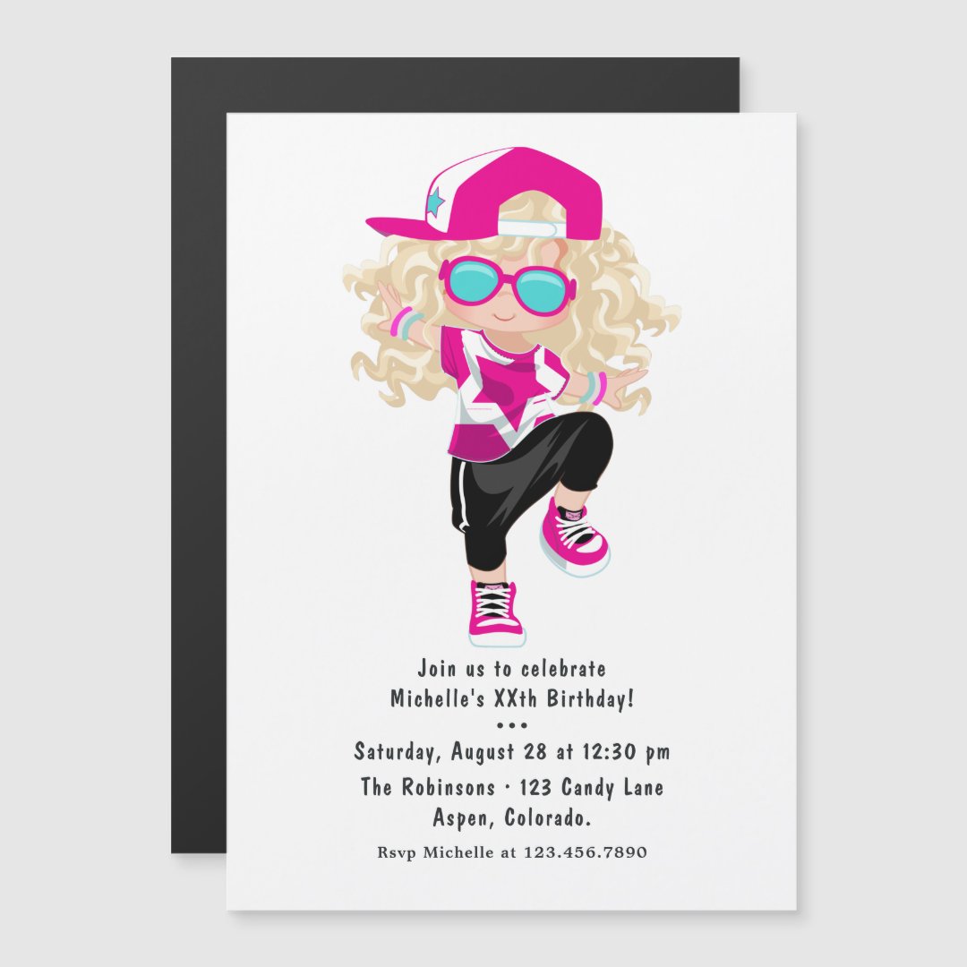 Hip Hop Rap Girl Break Dancer Birthday Party Magnetic Invitation | Zazzle