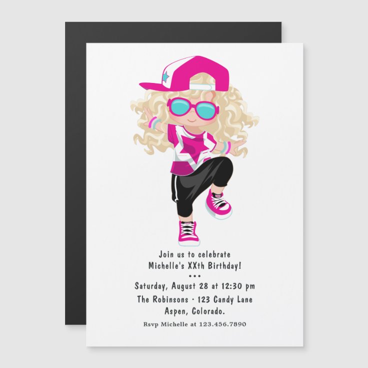 Hip Hop Rap Girl Break Dancer Birthday Party Magnetic Invitation | Zazzle