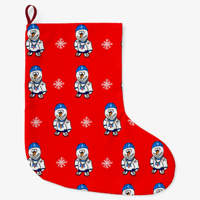Hip Hop Rapper Snowman and Snowflakes Large Christmas Stocking | Zazzle