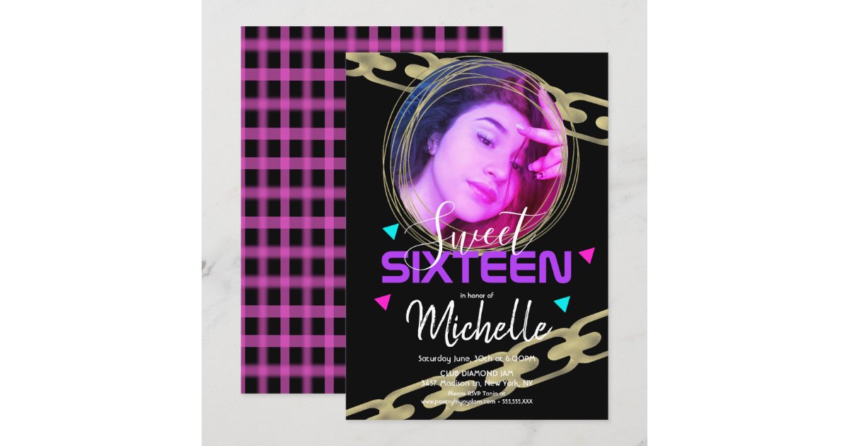 Hip Hop Sweet Sixteen Gold Ring Confetti Photo Invitation | Zazzle