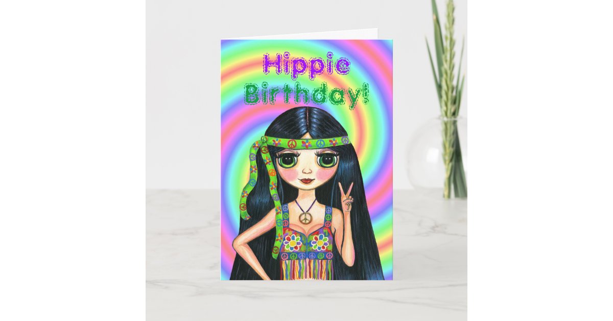 Hippie Birthday! Cute Psychedelic Hippie Girl Card | Zazzle.com