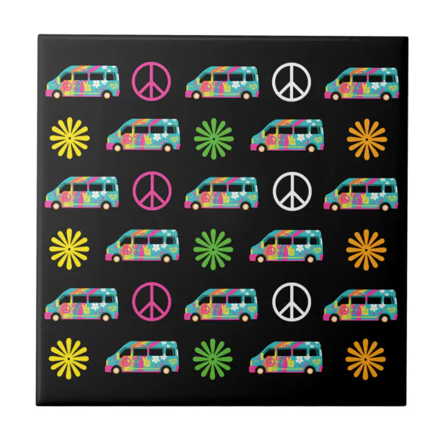 Hippie Bus Peace Sign 70s Black Ceramic Tile | Zazzle