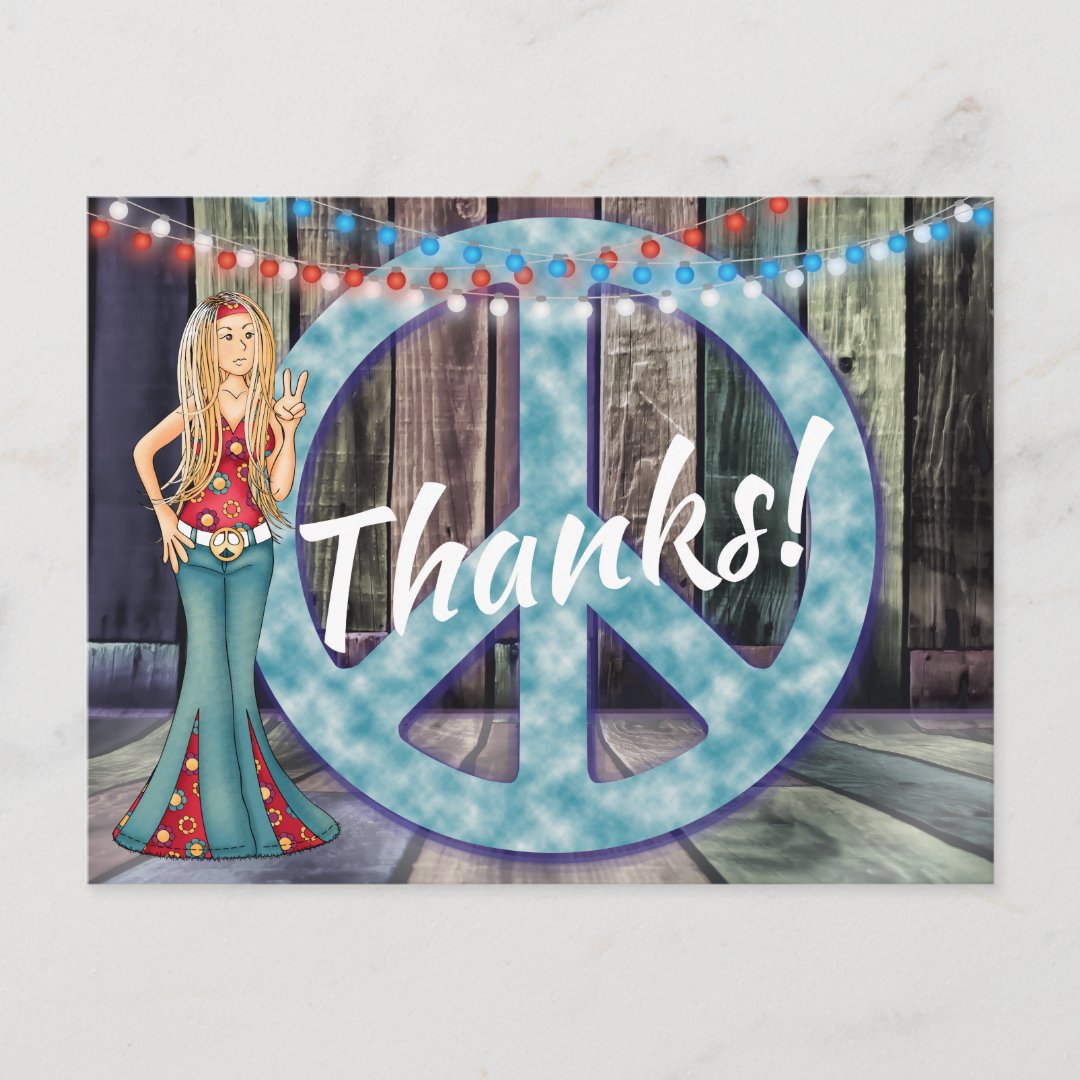 Hippie Girl and Peace Sign Thanks! Thank You Postcard | Zazzle