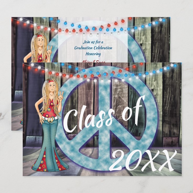 Hippie Girl, Peace Sign and Lights Graduation Invitation | Zazzle