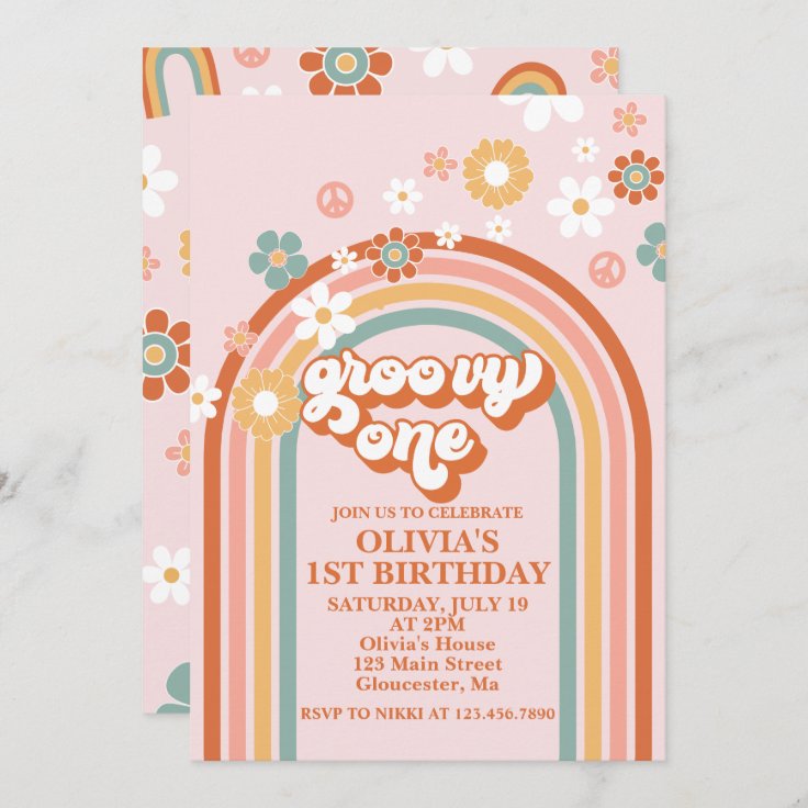 Hippie Rainbow Groovy One 1st Birthday Invitation | Zazzle