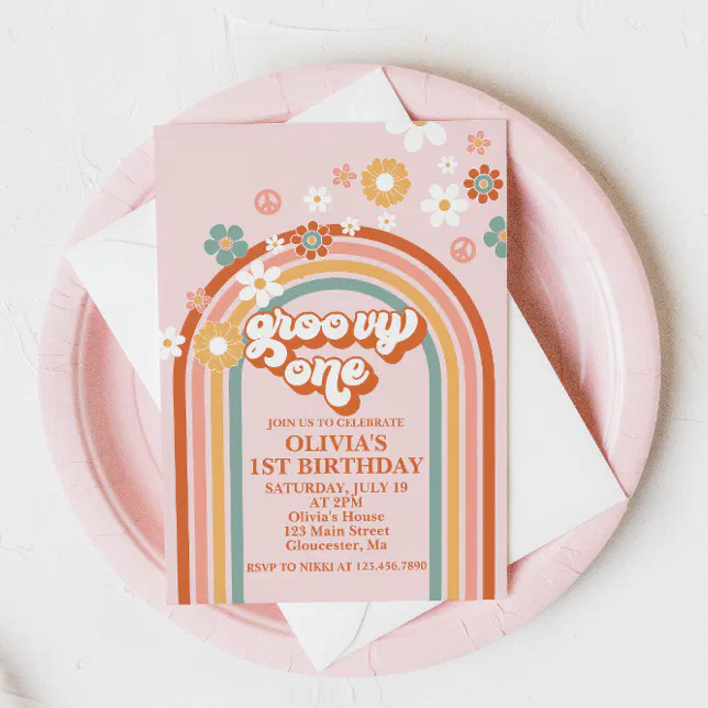 Hippie Rainbow Groovy One 1st Birthday Invitation | Zazzle