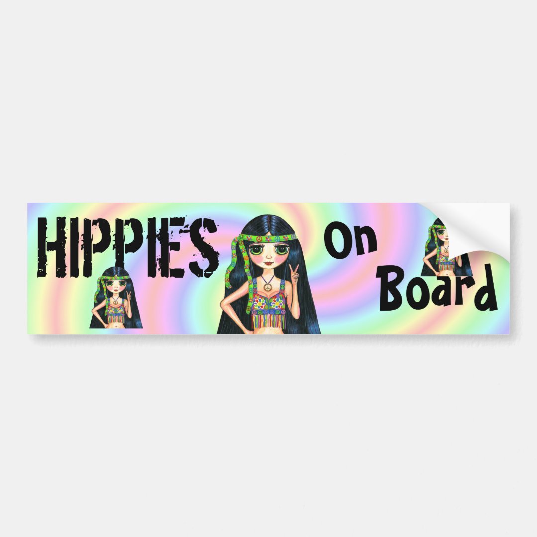 Hippies on Board Funny Hippie Chick Peace Sign Bumper Sticker | Zazzle