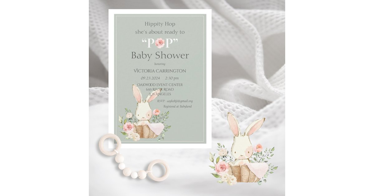 Hippity Hop Bunny Rabbit Modern Baby Invitation | Zazzle