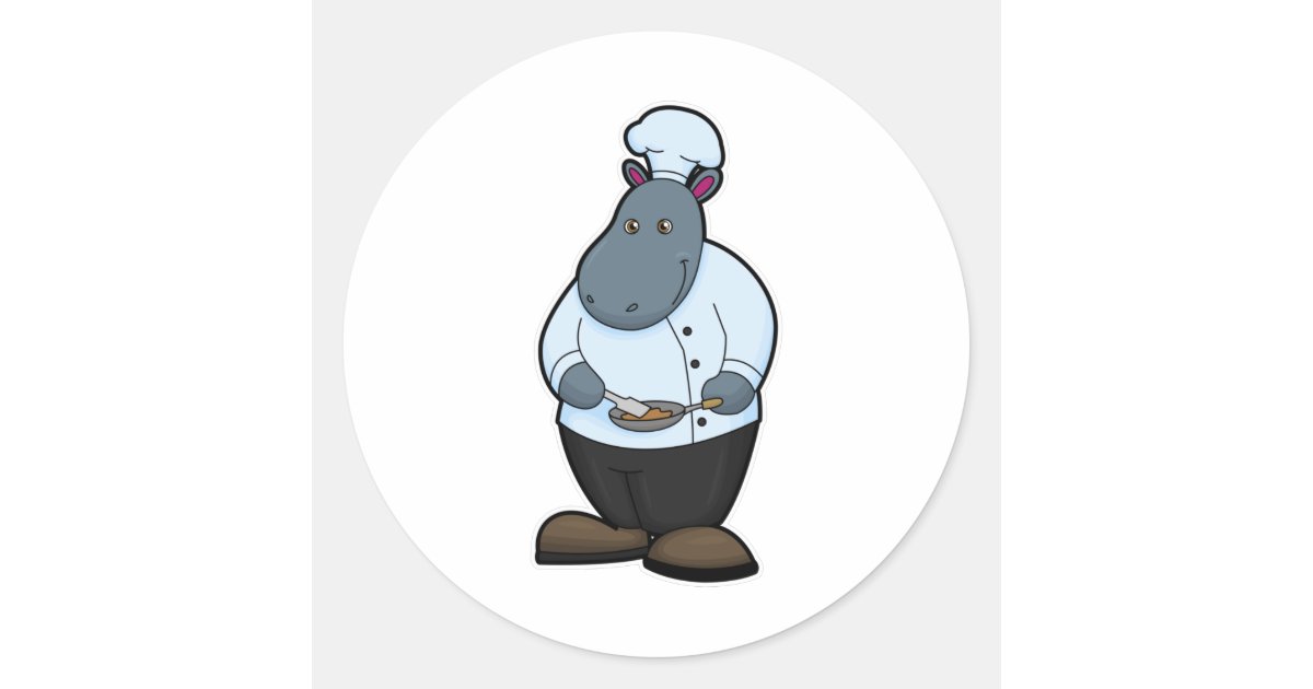Hippo as Cook with Pan Classic Round Sticker | Zazzle