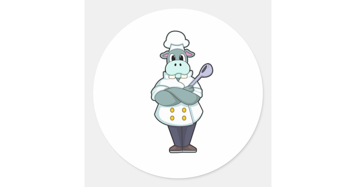Hippo as Cook with Wooden spoon & Cooking apron Classic Round Sticker ...