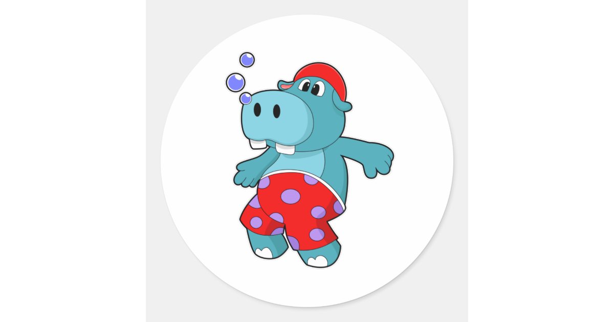 Hippo at Swimming with Swimming trunks Classic Round Sticker | Zazzle