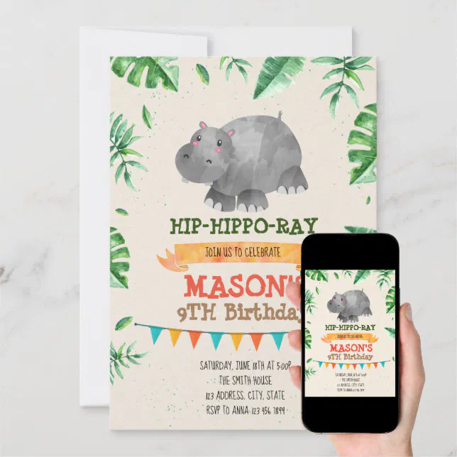 Hippo birthday party theme invitation | Zazzle