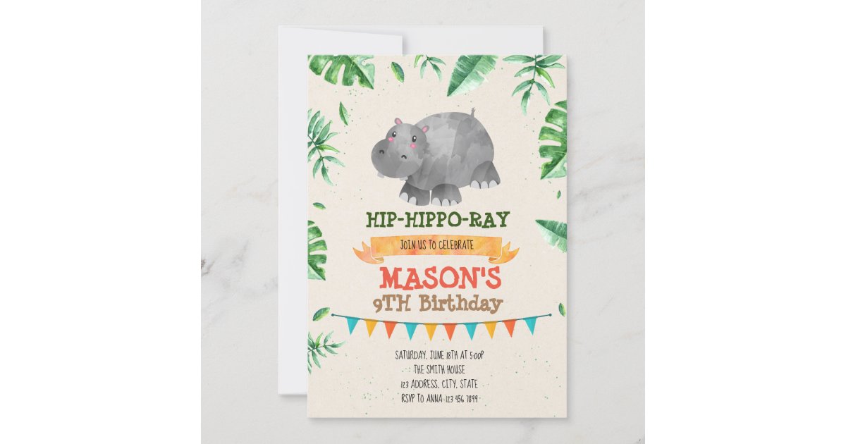 Hippo birthday party theme invitation | Zazzle