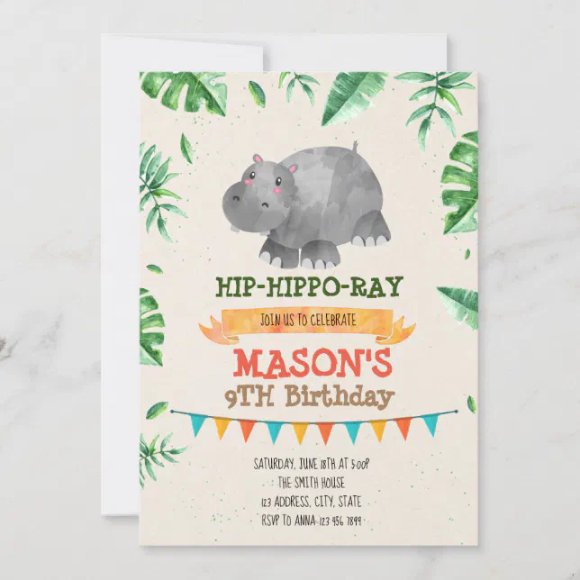 Hippo birthday party theme invitation | Zazzle