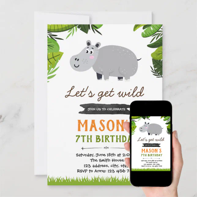 Hippo birthday theme party invitation | Zazzle