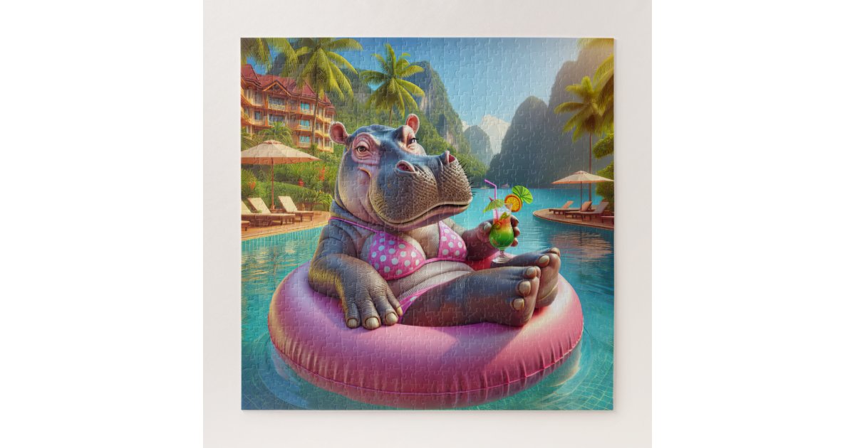 Hippo Floating In A Pool With Cocktail Drink Jigsaw Puzzle | Zazzle