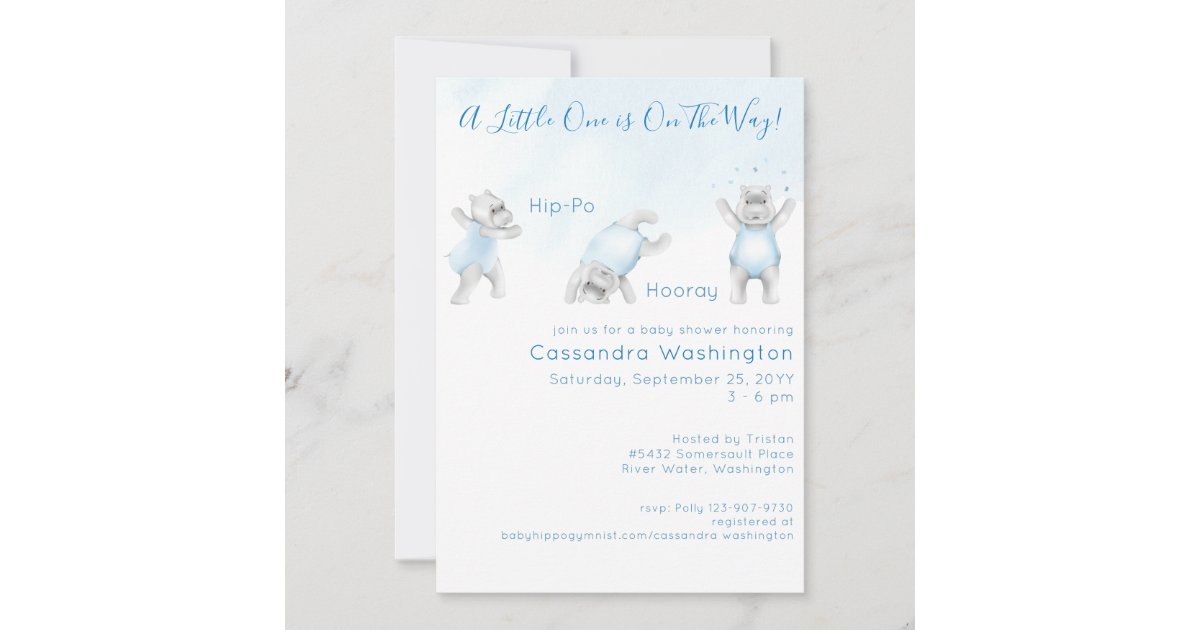 Hippo Hooray Somersault Baby Boy Shower Invitation | Zazzle