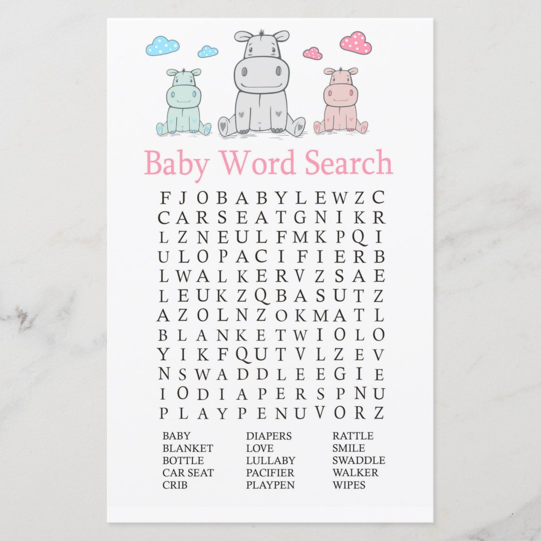 Hippopotamus Baby Shower Word Search Game | Zazzle