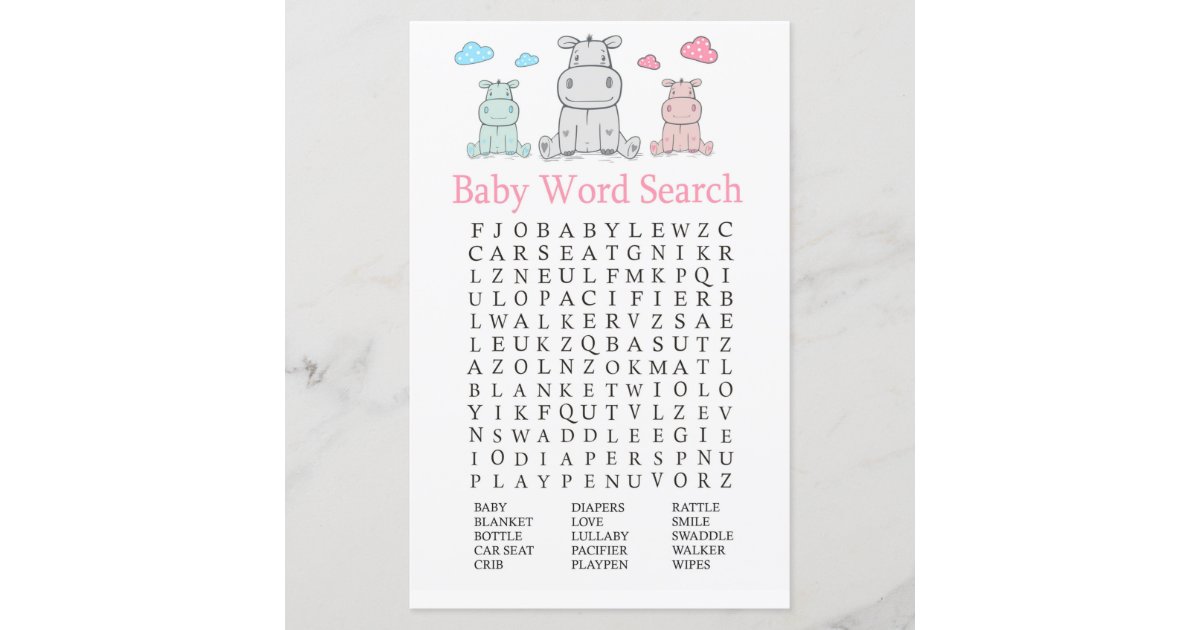 Hippopotamus Baby Shower Word Search Game | Zazzle