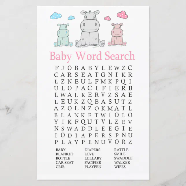 Hippopotamus Baby Shower Word Search Game | Zazzle