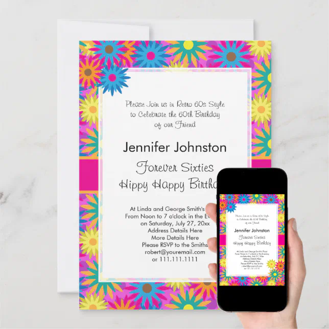 Hippy Happy Birthday 1960s Retro 60th BDay Party Invitation | Zazzle