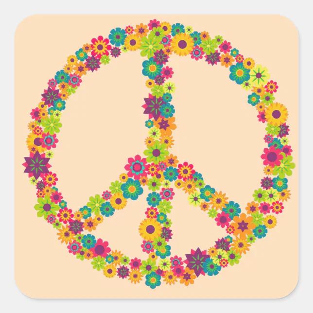 Hippy peace sign flowers square sticker | Zazzle