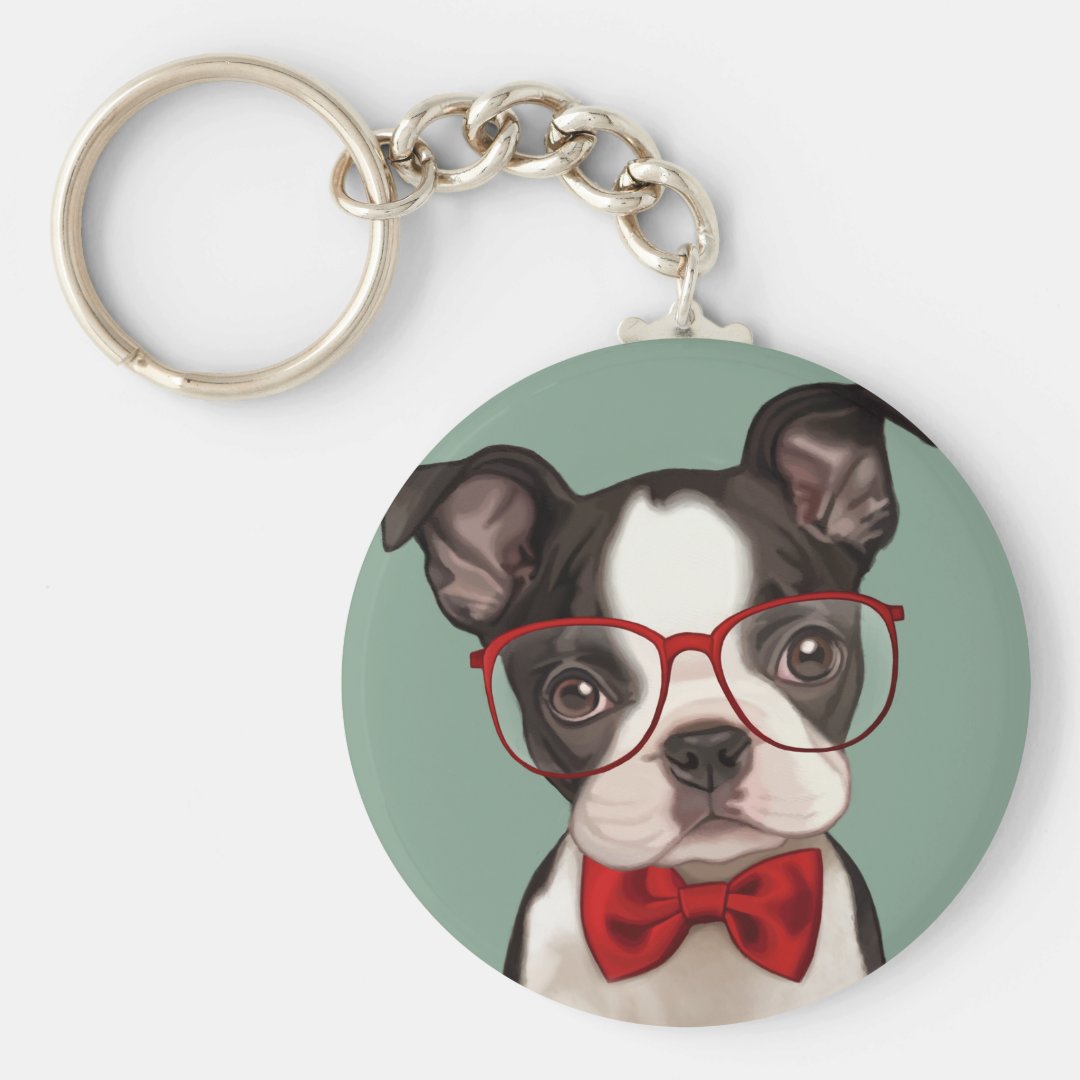 Hipster Boston Terrier Keychain | Zazzle