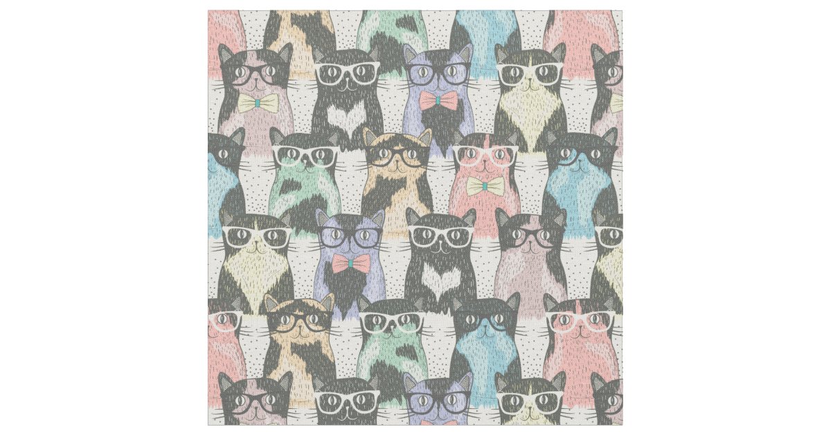 Hipster Cute Cats Pattern Fabric | Zazzle