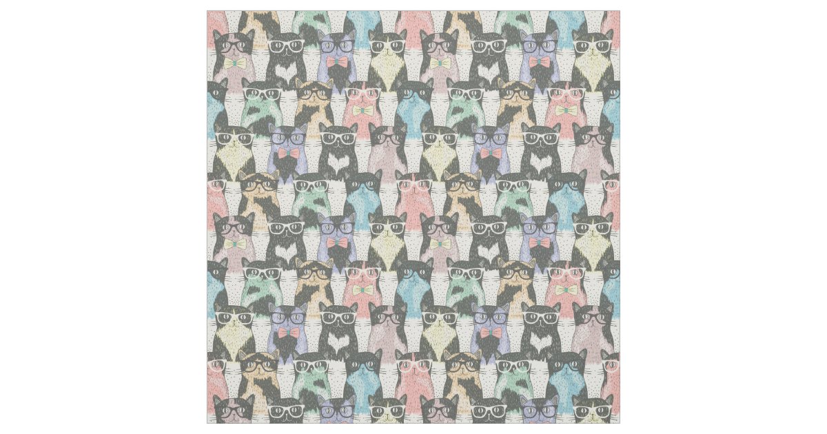 Hipster Cute Cats Pattern Fabric | Zazzle