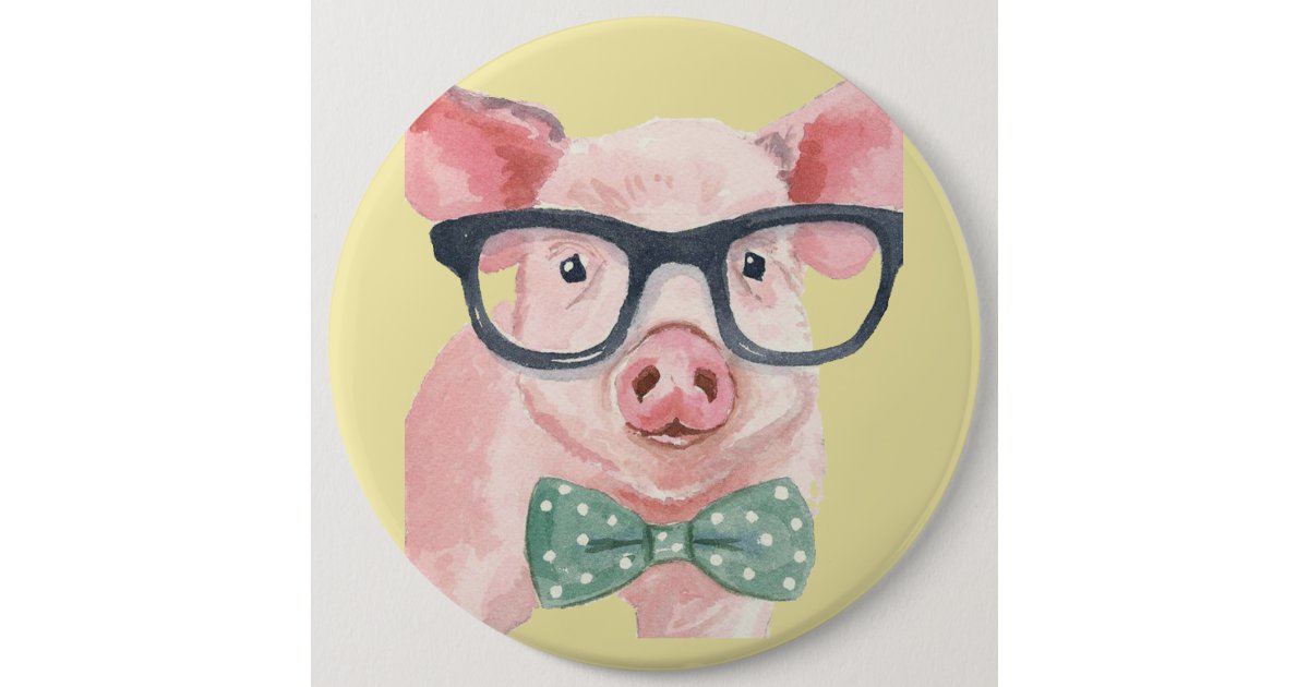 Hipster Pink Pig Button | Zazzle