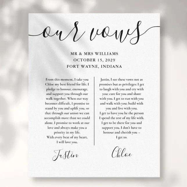 His And Hers Wedding Vows Black And White Script Canvas Print | Zazzle