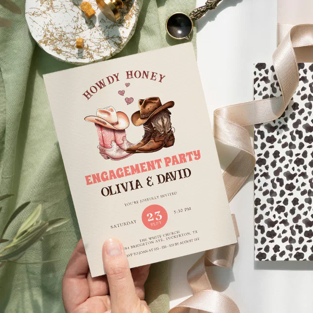 His & Hers Cowboy Boots Western Engagement Party Invitation | Zazzle