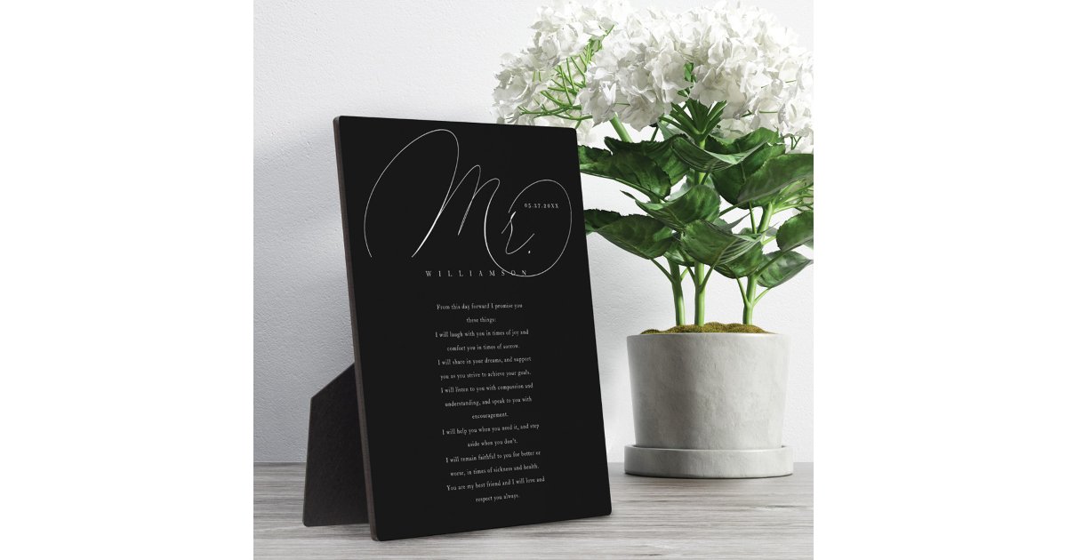 His Vows Elegant Mr. Newlyweds Wedding Vows Black Plaque | Zazzle