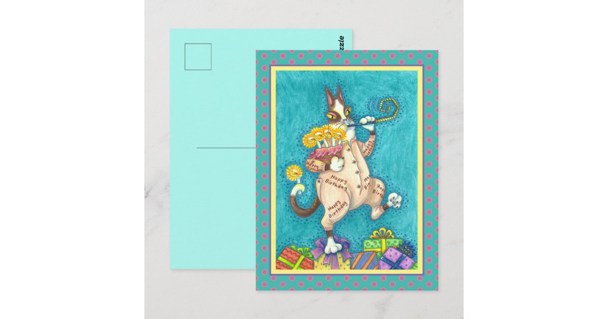 HISS N' FITZ CAT IN BIRTHDAY SUIT, CAKE & CANDLES POSTCARD | Zazzle
