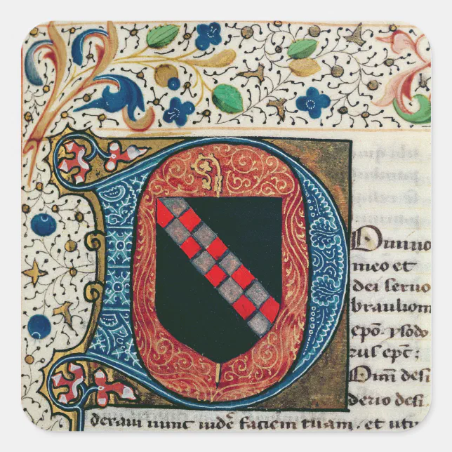 Historiated initial 'D' depicting coat of arms Square Sticker | Zazzle
