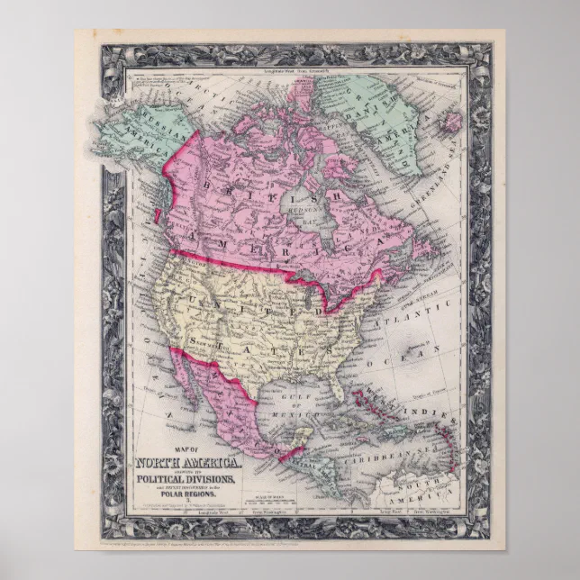 Historic 1860 Map of North America Poster | Zazzle
