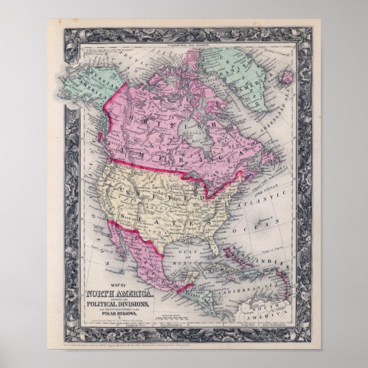 Historic 1860 Map of North America Poster | Zazzle
