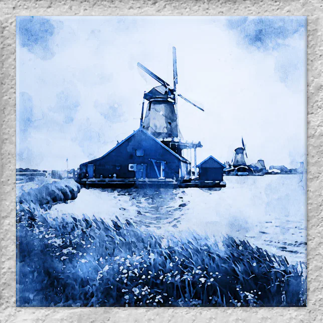 Historic Dutch Mill Watercolor Delft Blue Tile | Zazzle