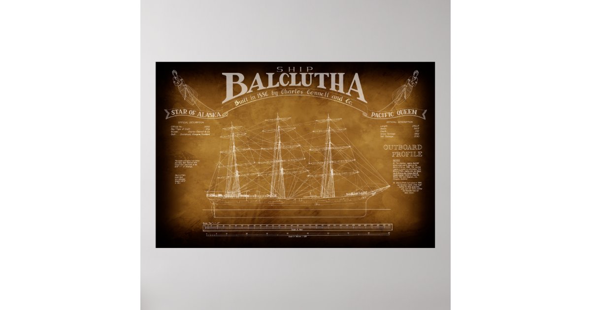 Historic Full-Rigged Ship BALCLUTHA Blueprint 1886 Poster | Zazzle