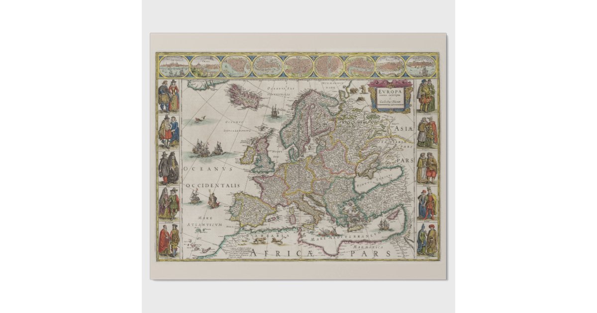 Historic Map of Medieval Europe (by Willem Blaeu) Wrapping Paper | Zazzle