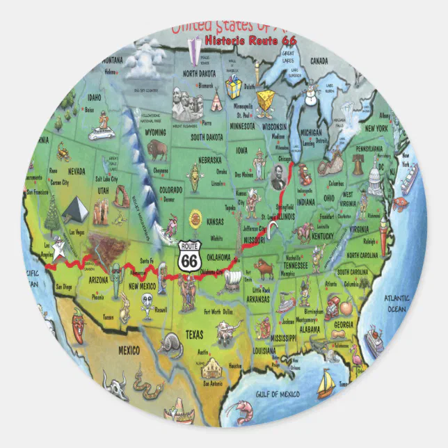 Historic Route 66 Cartoon Map Classic Round Sticker | Zazzle