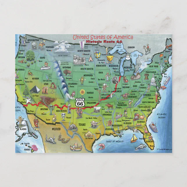 Historic Route 66 Cartoon Map Postcard | Zazzle